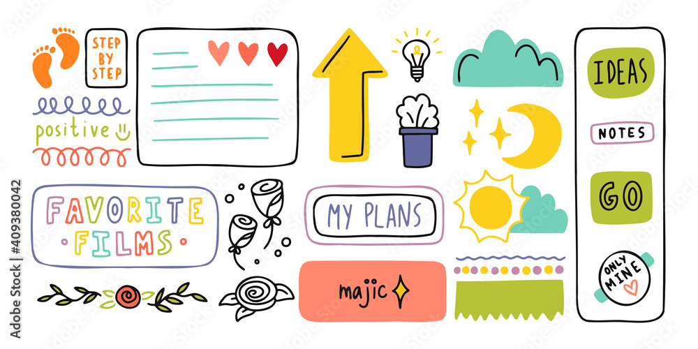 Diary elements. Hand drawn doodles bullet journal banners and elements ...