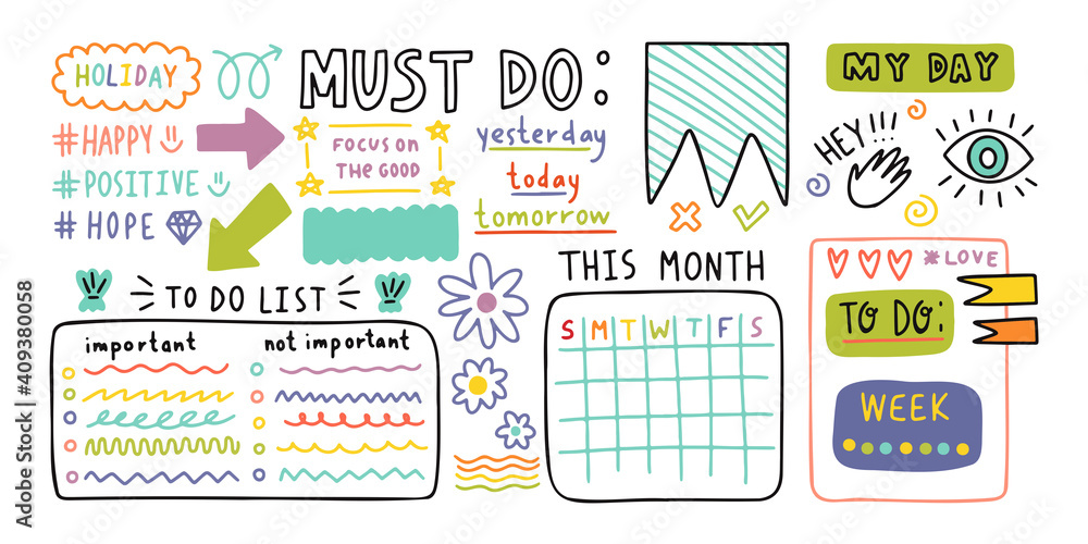Diary elements. Hand drawn doodles bullet journal banners and elements ...