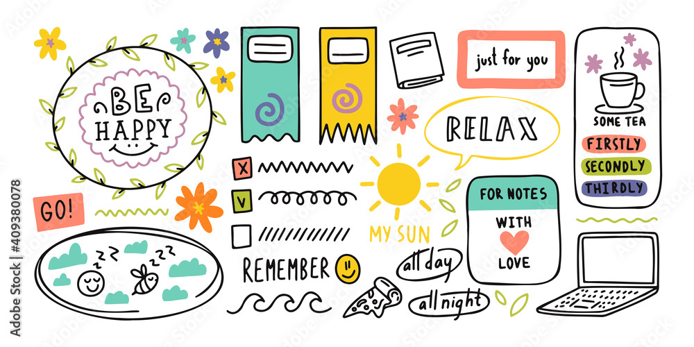 Diary elements. Hand drawn doodles bullet journal banners and elements ...