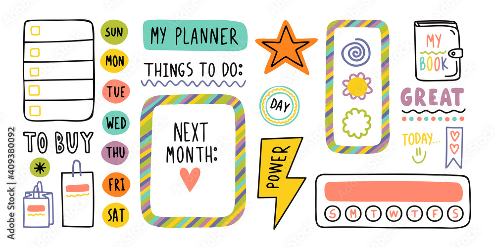 Diary elements. Hand drawn doodles bullet journal banners and elements ...