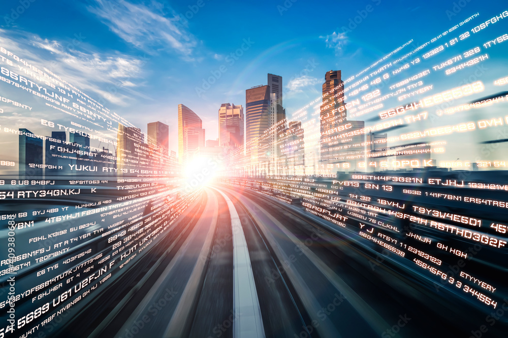Digital data flow on road with motion blur to create vision of fast ...
