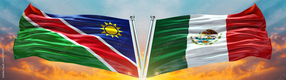 Mexico Flag and Namibia flag waving with texture sky Cloud and sunset ...