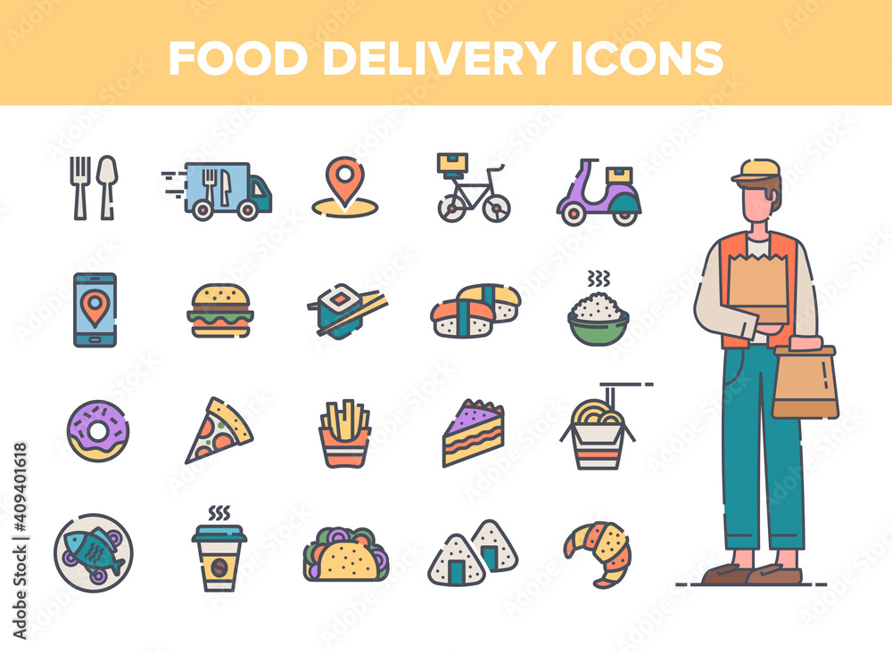 Set of outline, minimal style food delivery icons. Deliveryman standing ...
