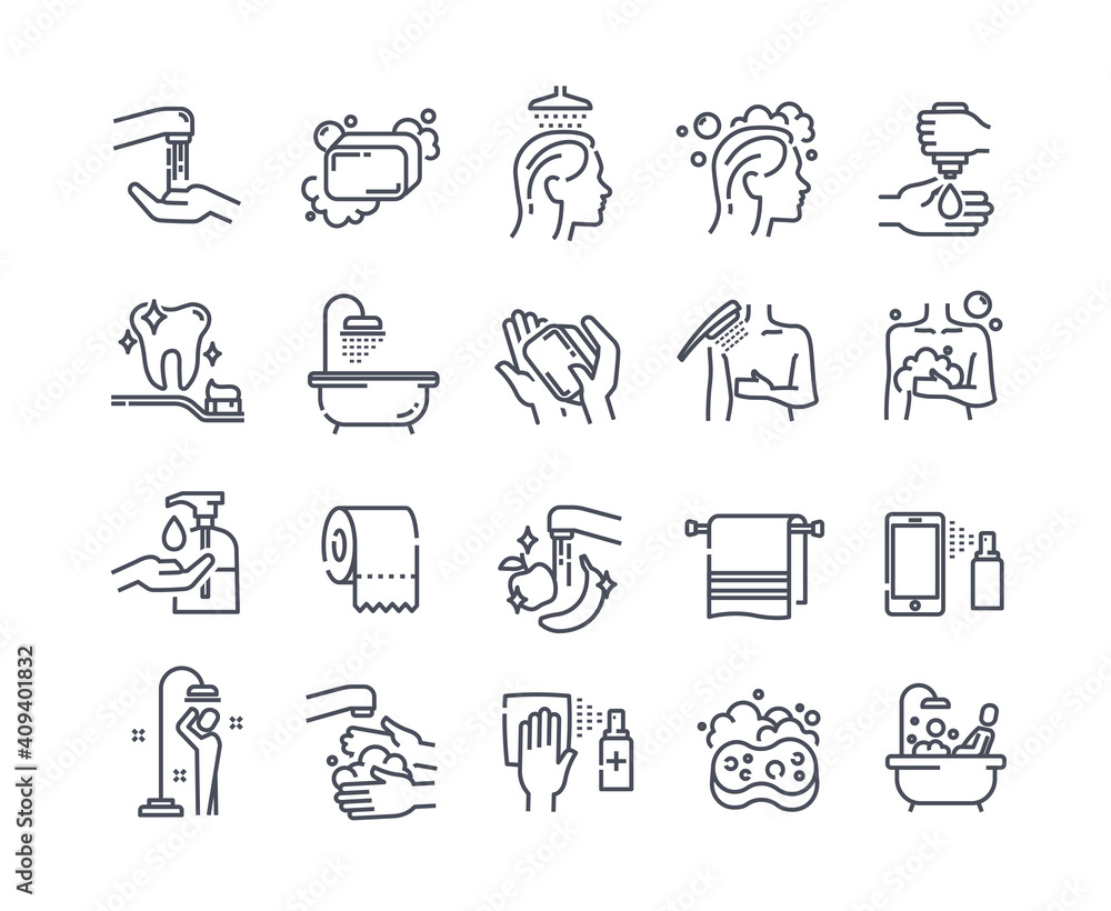 Body wash outline icons. Including icons as hand washing, hair washing ...