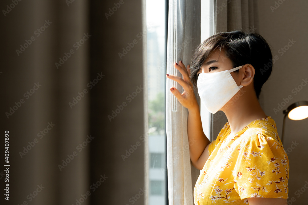Portrait of stylish young beautiful Asian woman wear face mask open ...