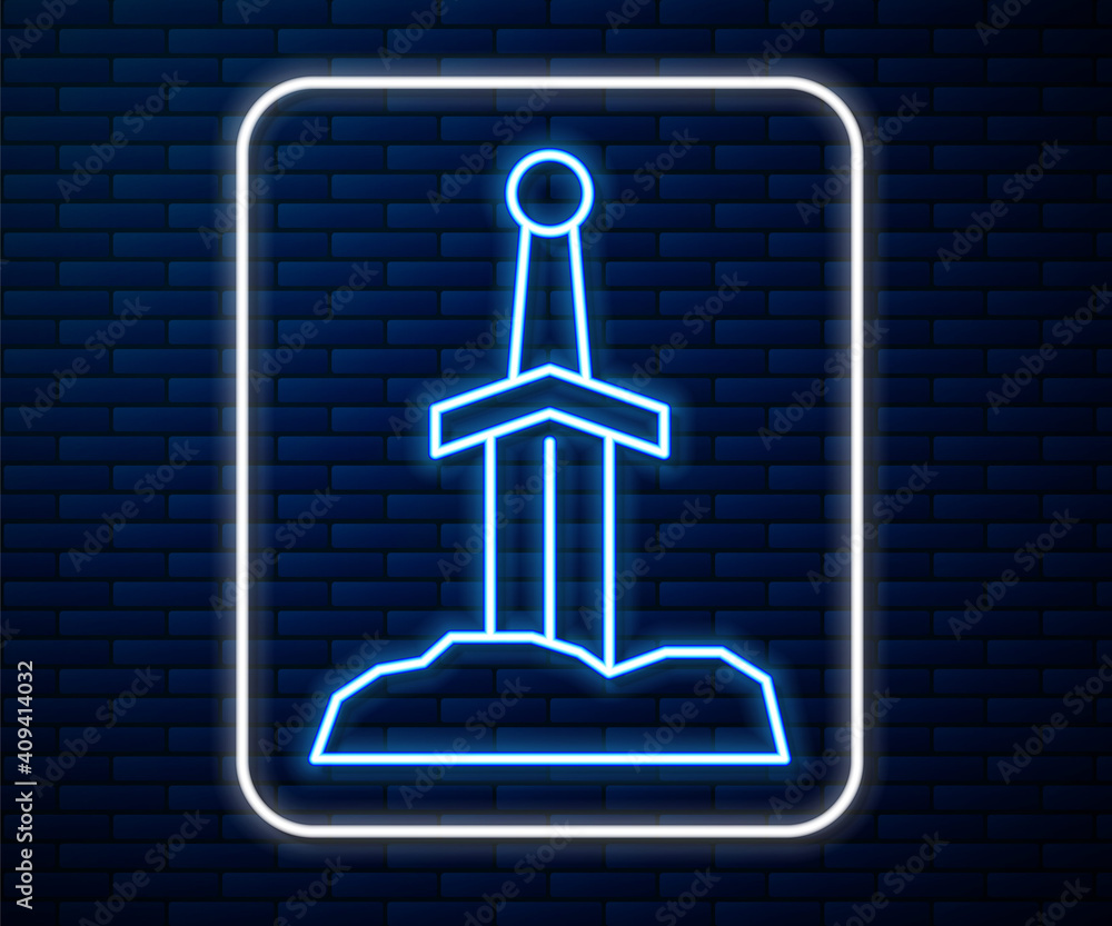 Glowing neon line Sword in the stone icon isolated on brick wall ...