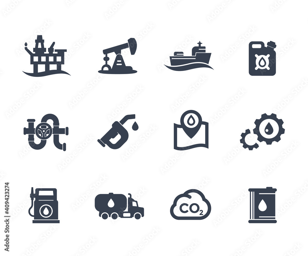 Petroleum industry icons on white, gas station, petrol canister ...