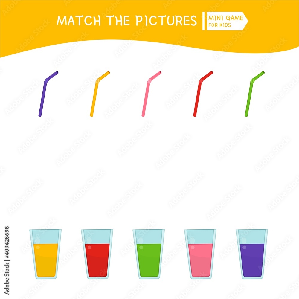 Matching children educational game. Place the straw in a glass of juice ...