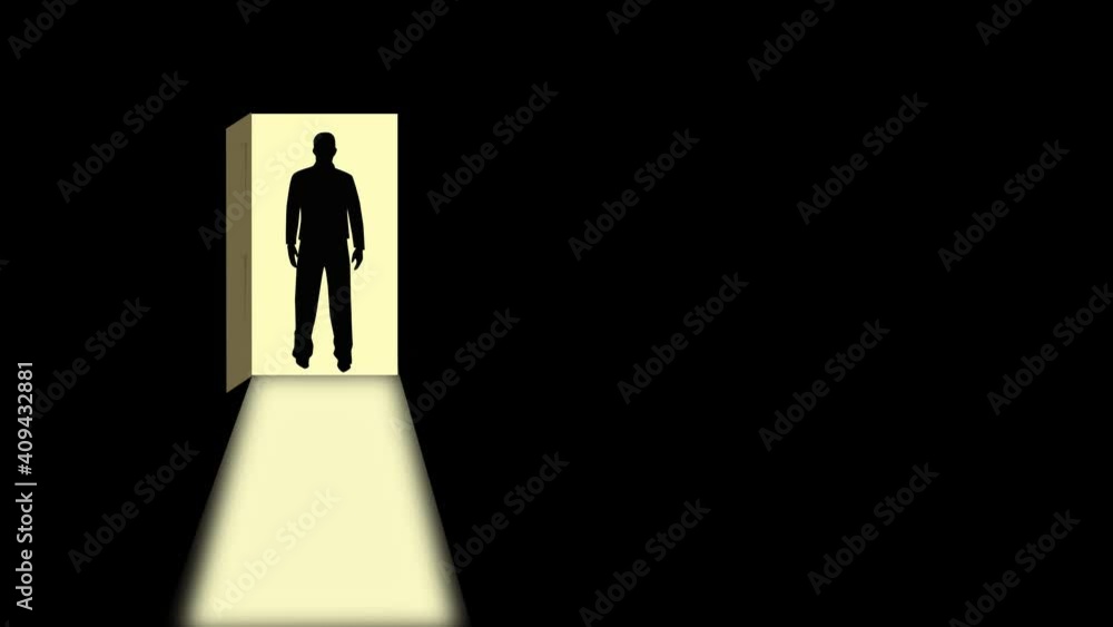 Dark male figure in door way of light. The door opens and in the light ...