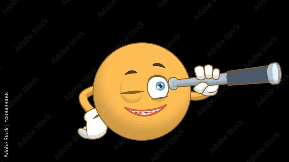 Cartoon smiley animated character face look into spyglass emoticon with ...