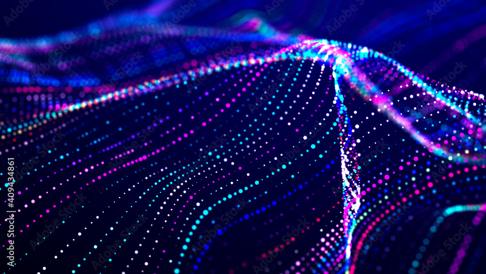 Digital technology background. Dynamic wave of glowing points ...