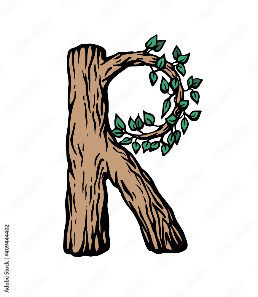 Colored engraving Letter R made of wood with leaves on the white ...