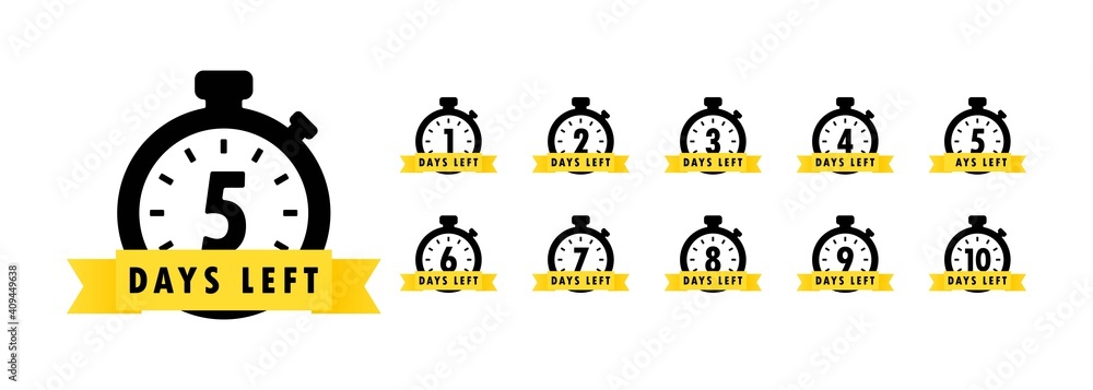 5 days left icon set. Countdown of days remaining. Offer timer, sticker ...