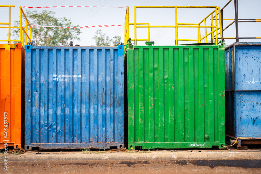 Set of metal container storage tanks which is use for contain hazardous ...