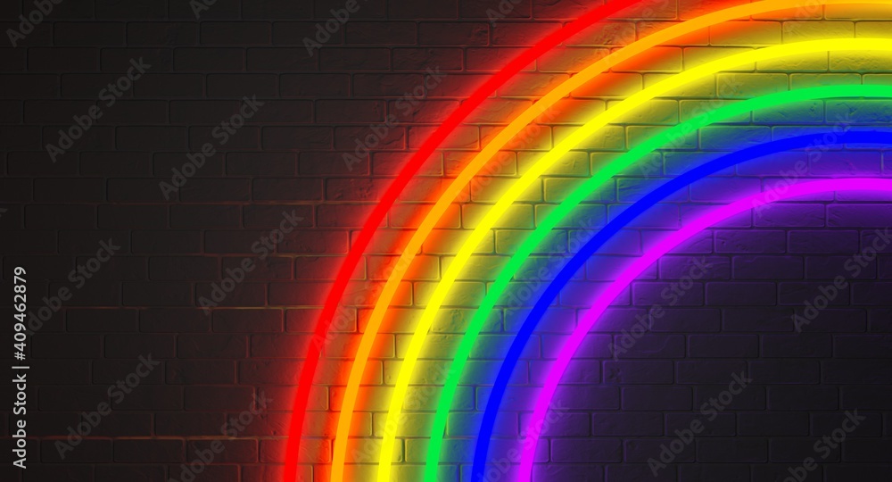 Neon rainbow lamps on a brick wall. Neon rainbow sign. Template neon ...
