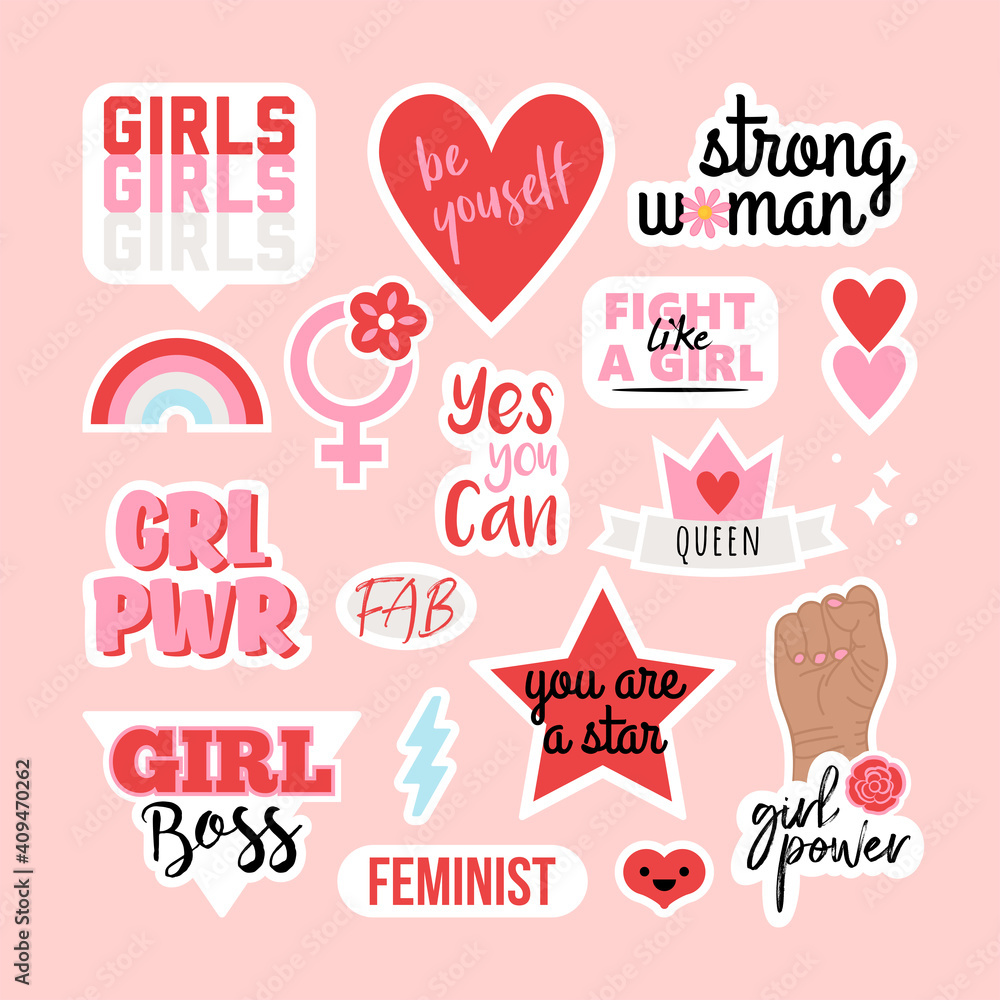 Sticker set with girl power slogans and feminist quotes Stock Vector ...