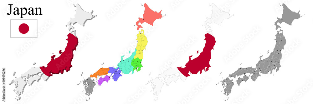 Flag of Japan on map and map with regional division Stock Vector ...