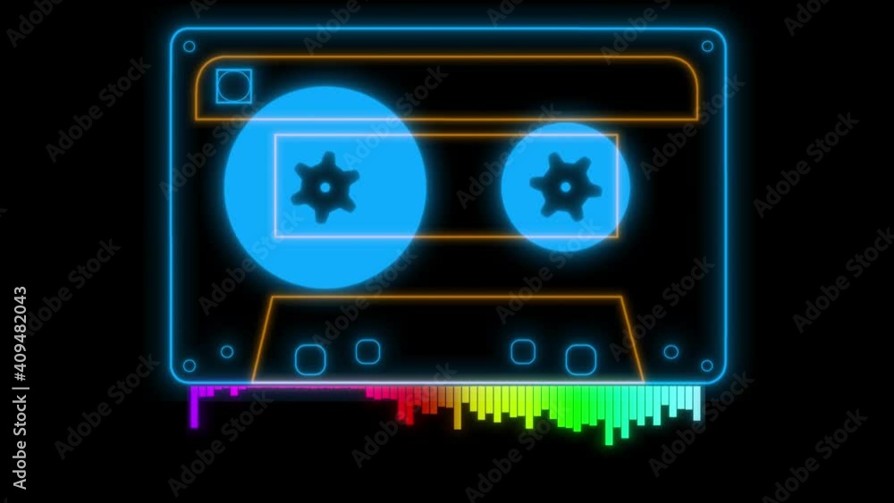 Vintage neon cassette tape animation template. Music notes and spectrum ...