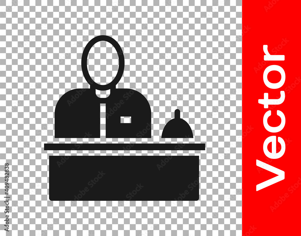 Black Receptionist standing at hotel reception desk icon isolated on ...