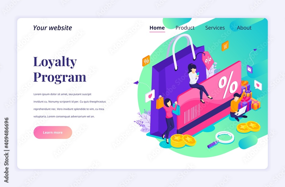 Isometric landing page design concept of Loyalty marketing program with character, Discount and ...