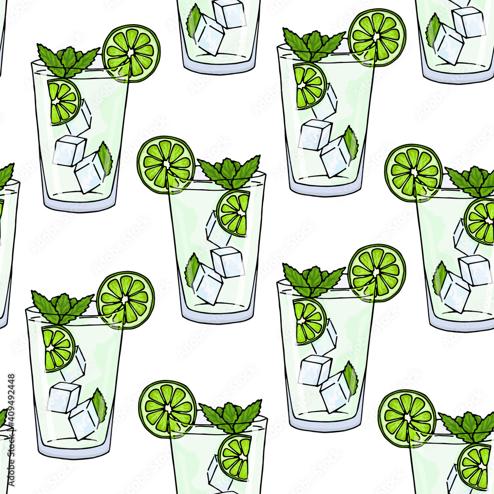 Seamless pattern glass of mojito, ice cubes, mint leaves and lime slice. white background ...