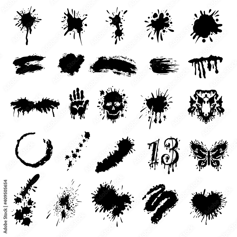 Ink spots of various shapes collection. The images of the skull, hands ...