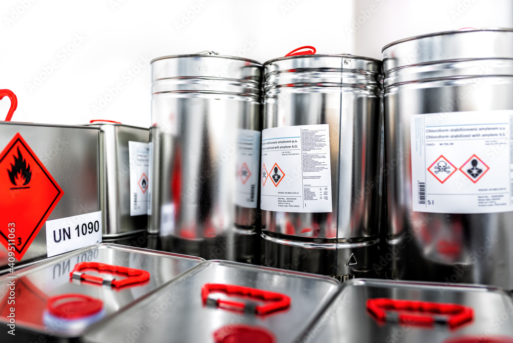 Metal tin containers for storing chemicals, chemistry background ...