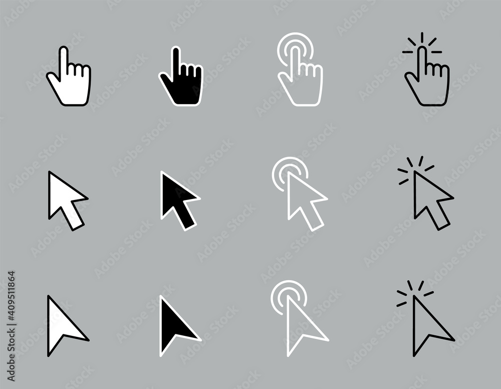Pointer click icon set. Hand cursor click. Arrow pointer. Computer ...