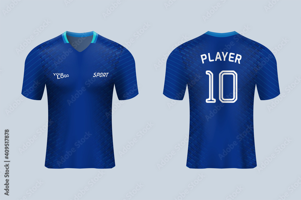 3D realistic mock up of front and back of blue soccer jersey t-shirt ...