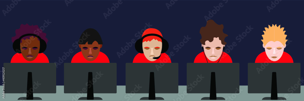 Vector graphics - A team of five people in red clothes and with ...