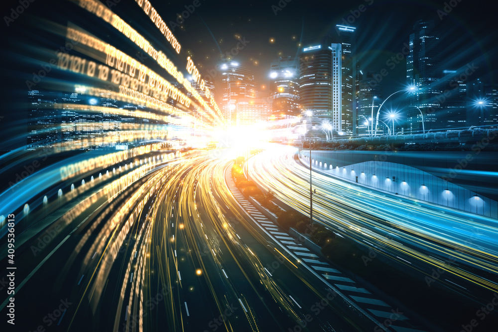 Digital data flow on road with motion blur to create vision of fast ...