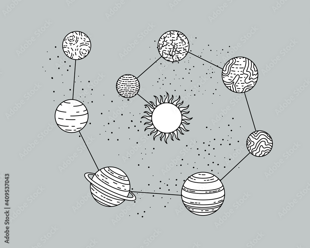 Vector illustrations with planets. Astrology, astronomy. Mystery ...