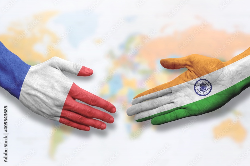France and India - Flag handshake symbolizing partnership and ...