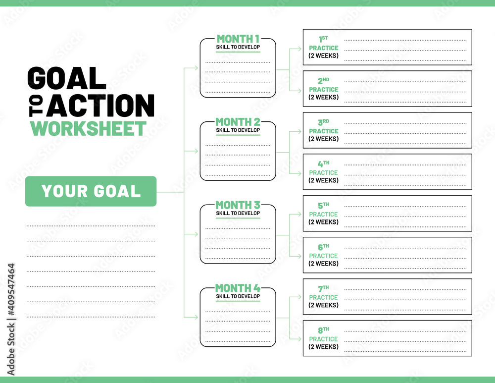 Goal to action worksheet template. Used to plan and track goals, skills ...