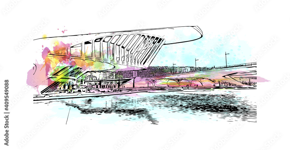 Building view with landmark of Valencia is a city in Spain. Watercolor ...