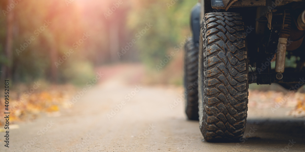 Part of an off-road vehicle on a rugged road in the forest . Travel ...