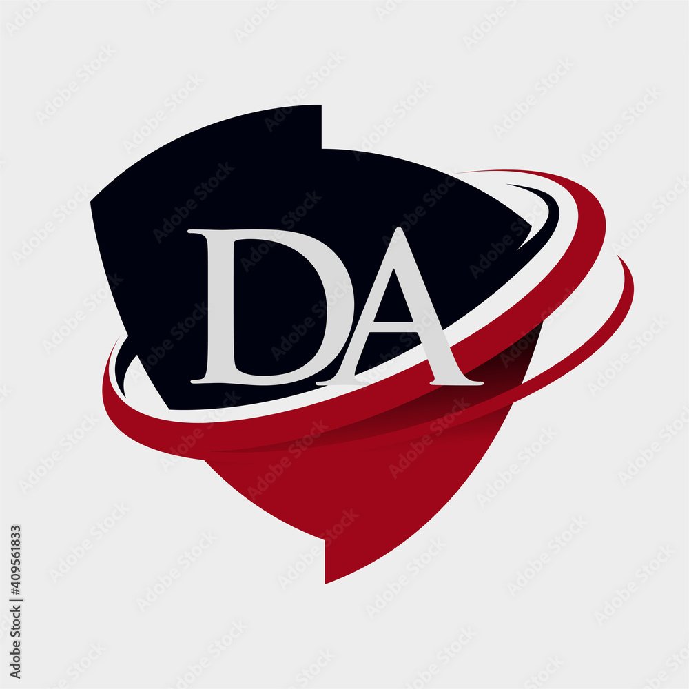 initial letter DA logotype company name colored red and black swoosh ...