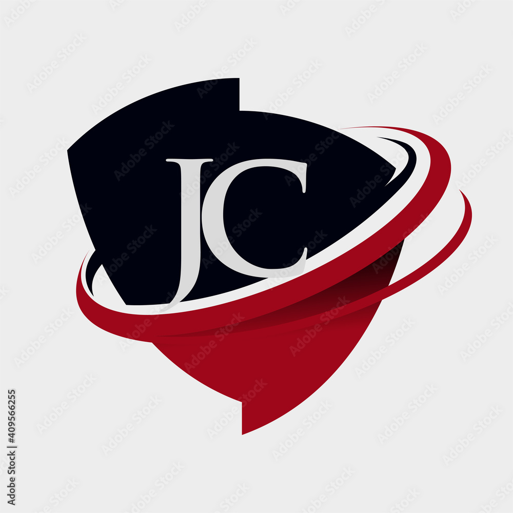 initial letter JC logotype company name colored red and black swoosh ...