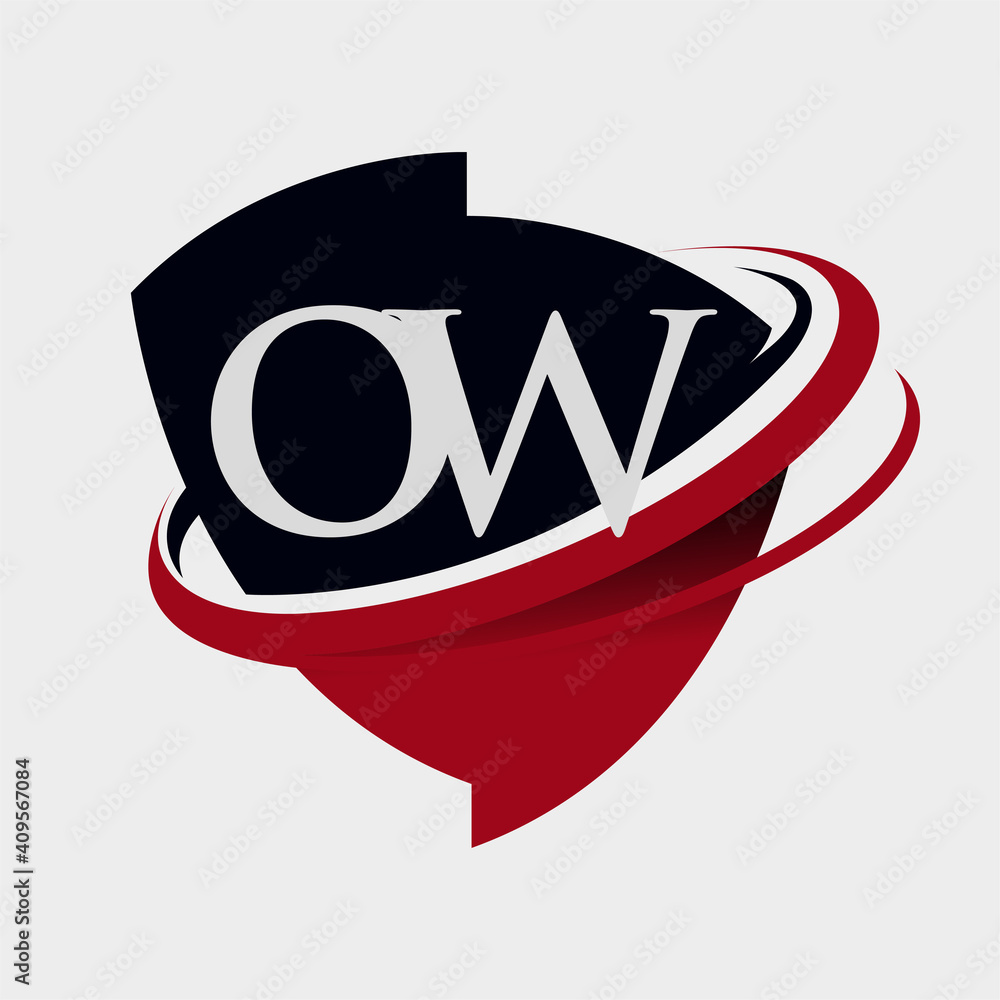 initial letter OW logotype company name colored red and black swoosh ...