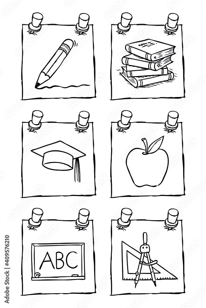 Hand drawn black and white set of education icons in post-its. All ...