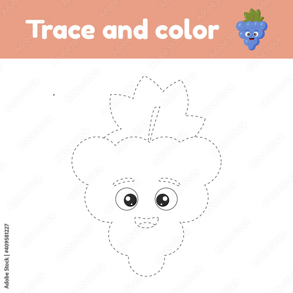 Coloring book with cute fruit a grape. For kids kindergarten, preschool ...