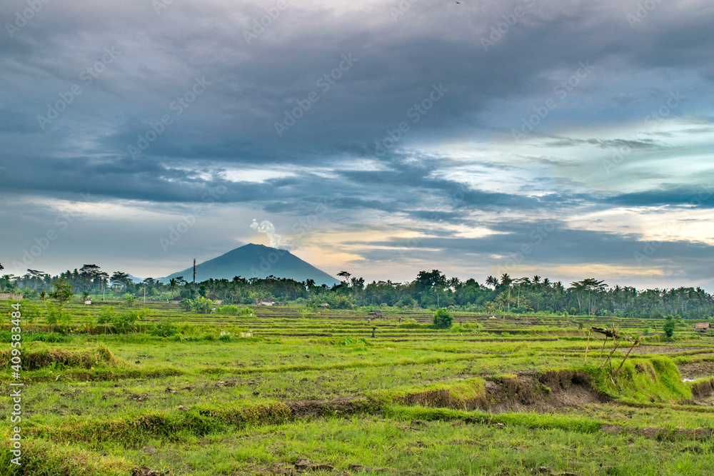 Mt. Agung (active volcano), as seen from rice fields near Ubud ...