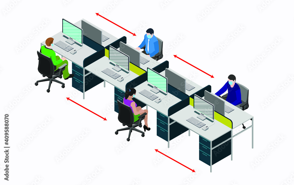 Wearing Mask at Office. Social distancing at office workstation ...