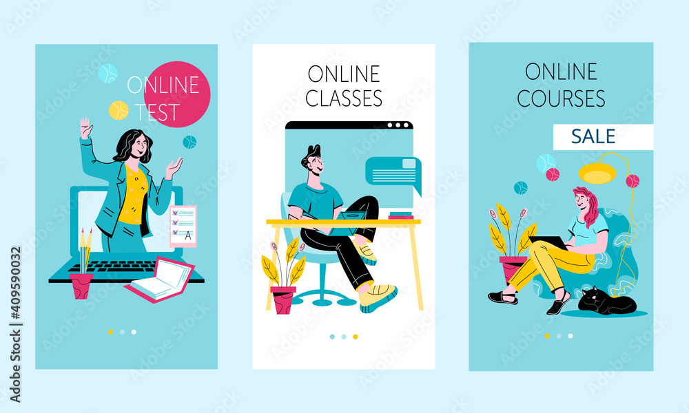 Online courses and distance onboarding screen templates with cartoon ...