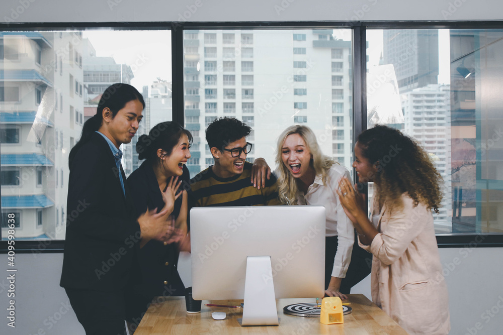 Business teamwork celebrate for success working together in the office ...