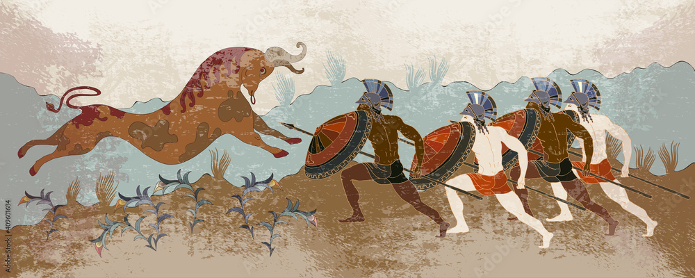 Minoan civilization. Ancient Greece banner. Hunting for a Minotaur ...