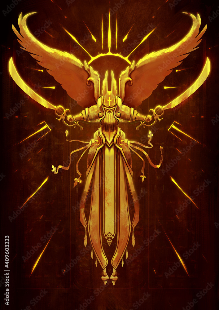 A golden angel with two curved swords in his hands, wearing a helmet ...