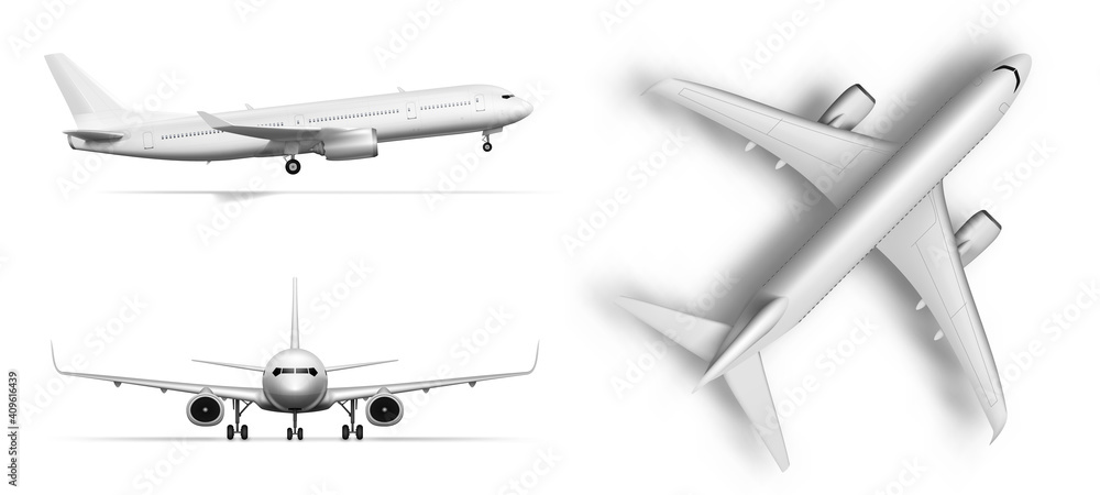 3D Flying Airplane, Jet Aircraft. Top, Front, Side Stock Vector | Adobe ...