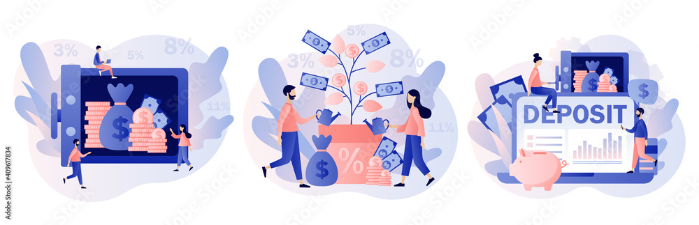 Deposit concept. Longterm money saving finance. Tiny people put money ...