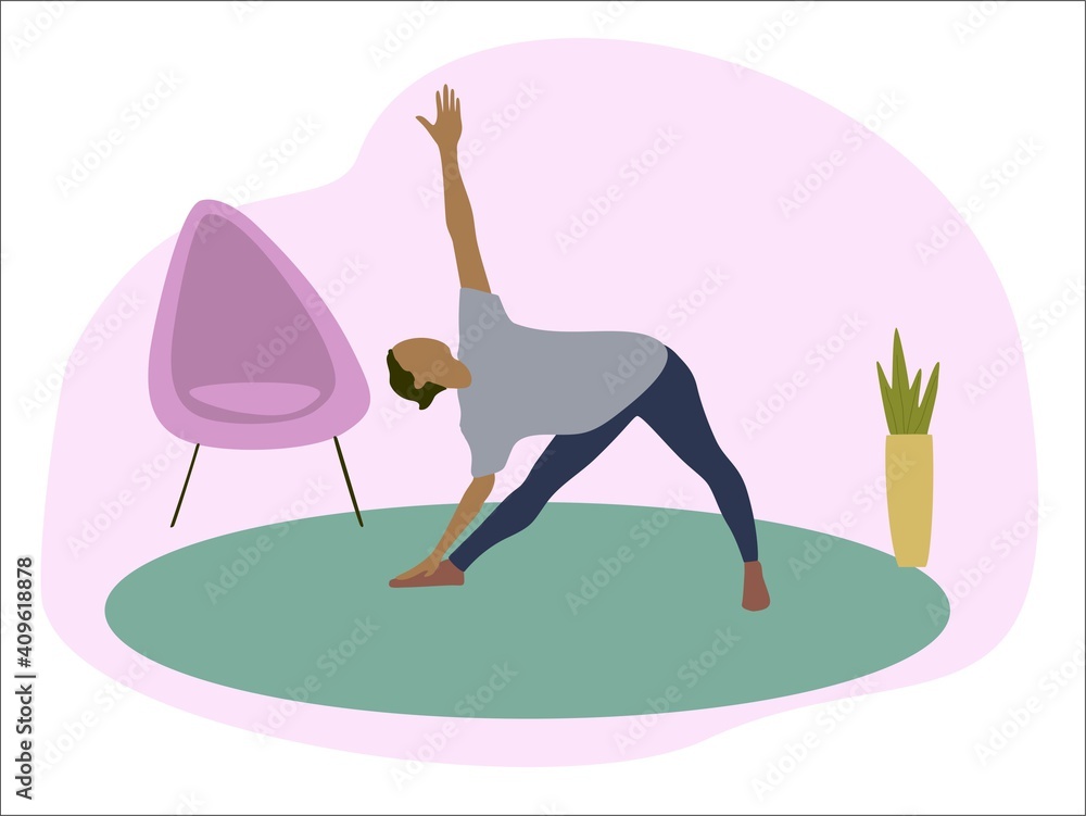 flat style home workout vector illustration. workout in home, indoor ...